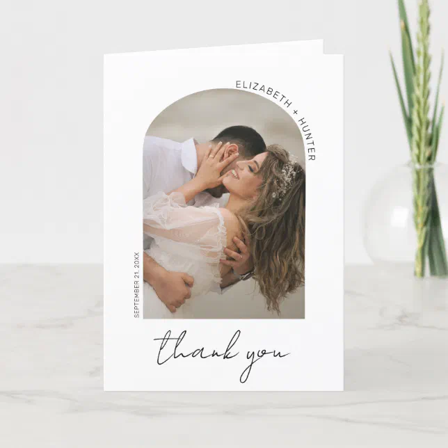 Modern Minimalist Arch Frame Script Wedding Photo Thank You Card | Zazzle