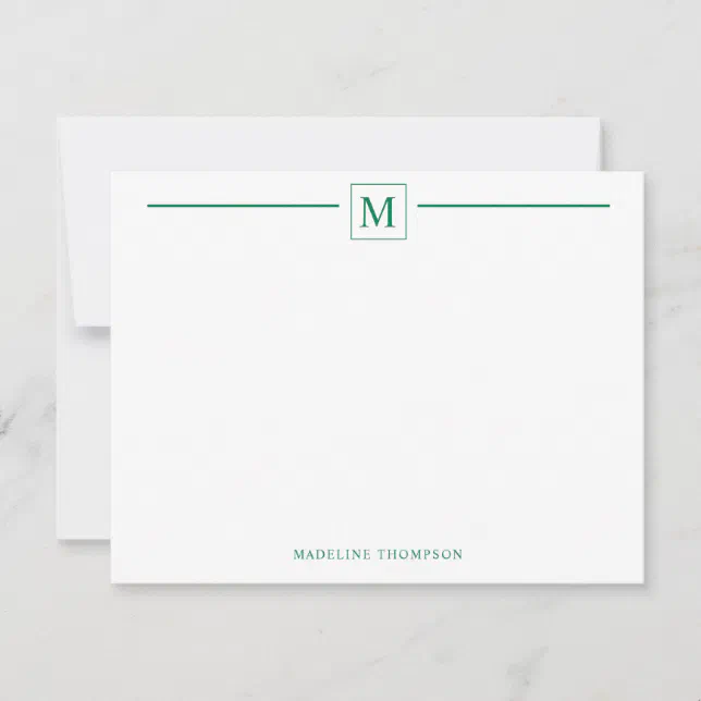 Modern Minimalist Basic Forest Green Monogram Line Note Card | Zazzle