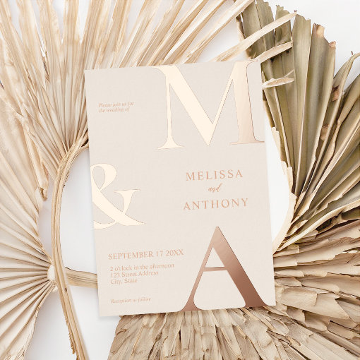 Modern Minimalist Beige Rose Gold Monogram Wedding Foil Invitation | Zazzle