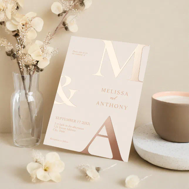 Modern Minimalist Beige Rose Gold Monogram Wedding Foil Invitation | Zazzle