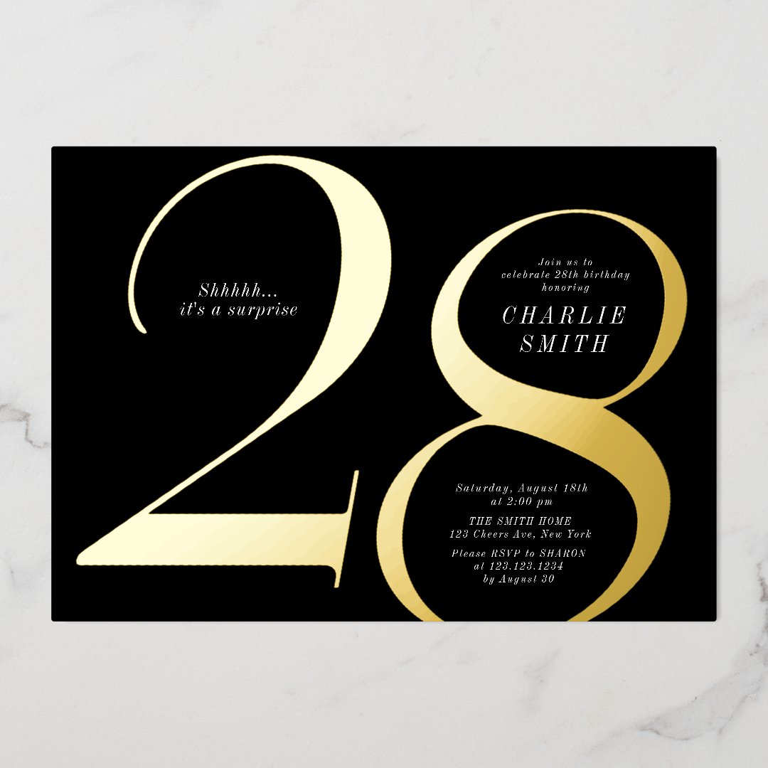 Modern minimalist black and gold 28th birthday foil invitation | Zazzle