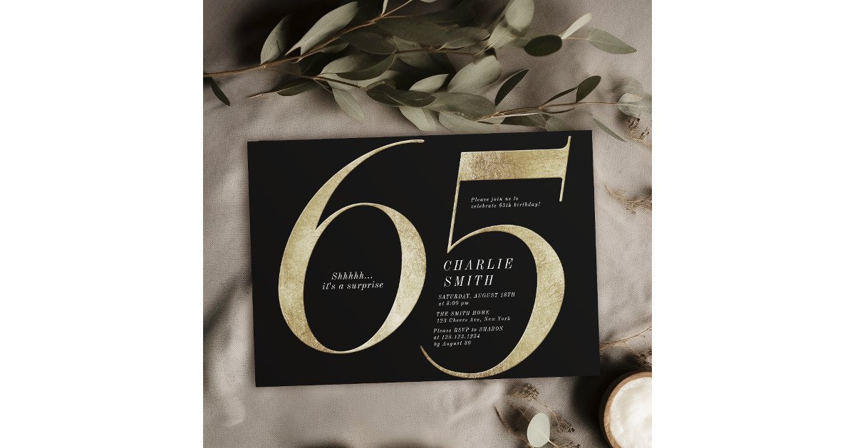Modern minimalist black and gold 65th birthday invitation | Zazzle