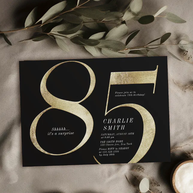 Modern minimalist black and gold 85th birthday invitation | Zazzle