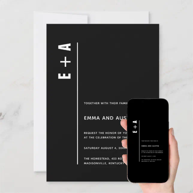Modern Minimalist Black Bold Initials Wedding Invitation | Zazzle