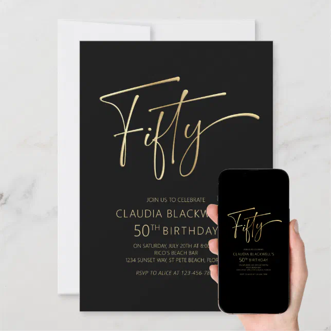 Modern Minimalist Black Gold 50th Birthday Invitation | Zazzle