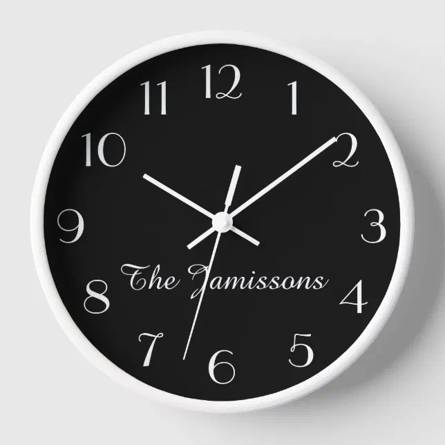 Modern Minimalist Black Name White Trim Wall Clock | Zazzle