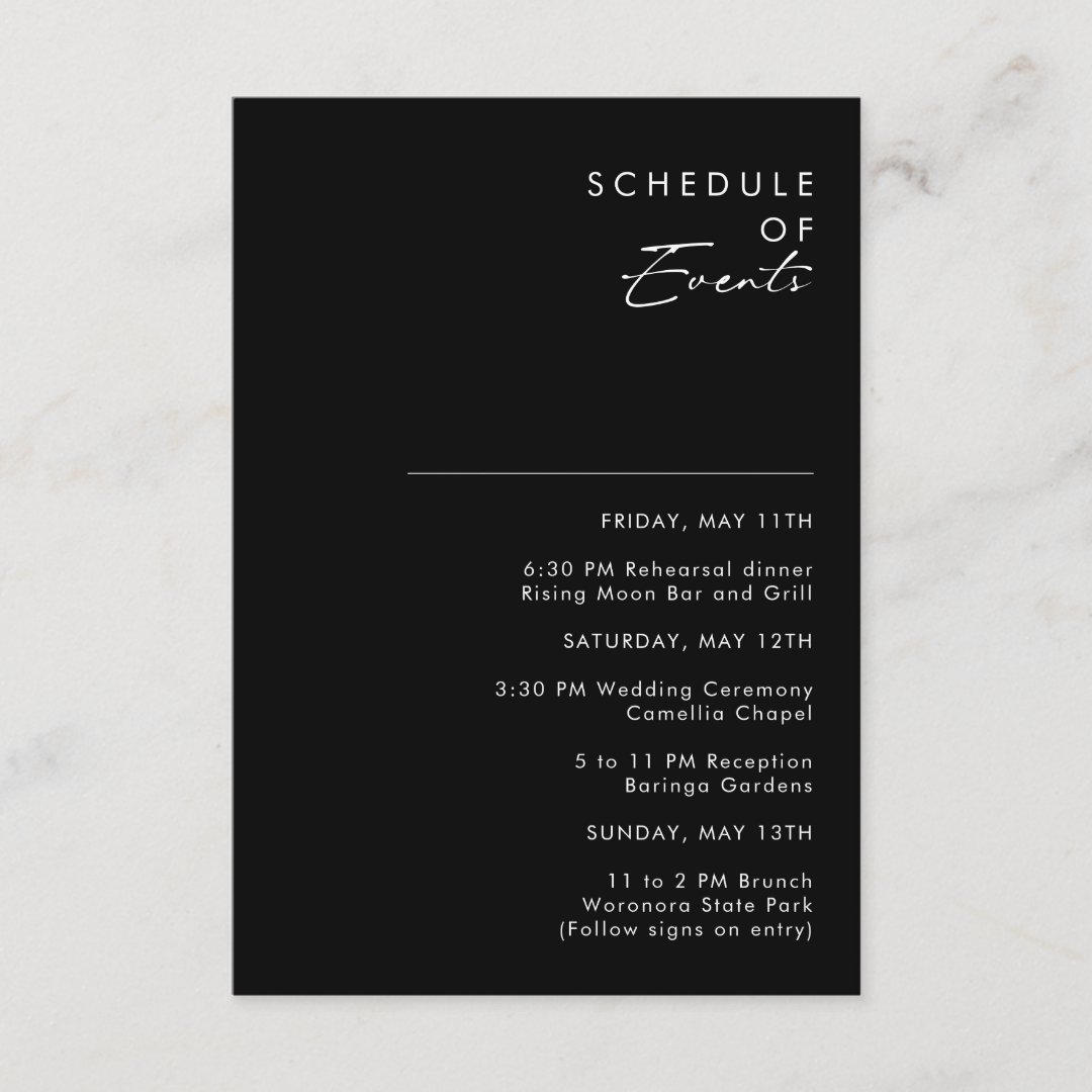Modern Minimalist | Black Schedule of Events Card | Zazzle