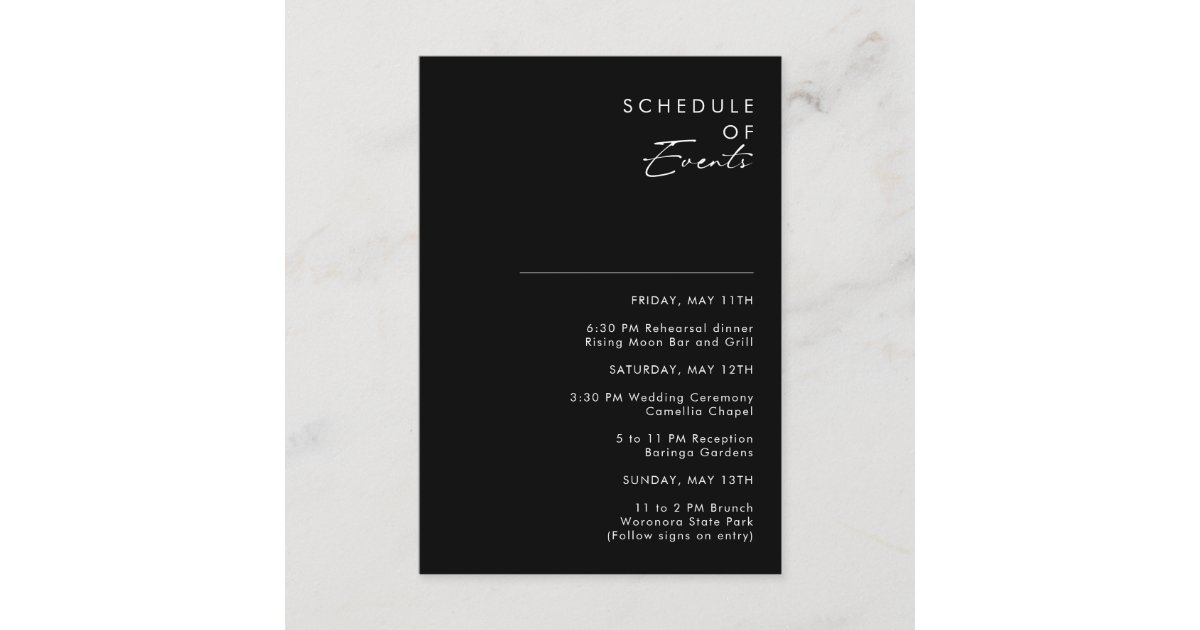 Modern Minimalist | Black Schedule of Events Card | Zazzle