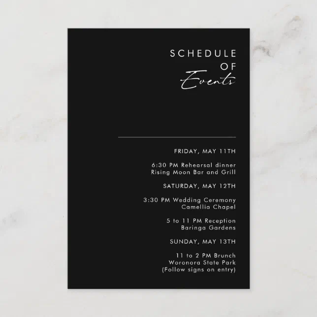 Modern Minimalist | Black Schedule of Events Card | Zazzle
