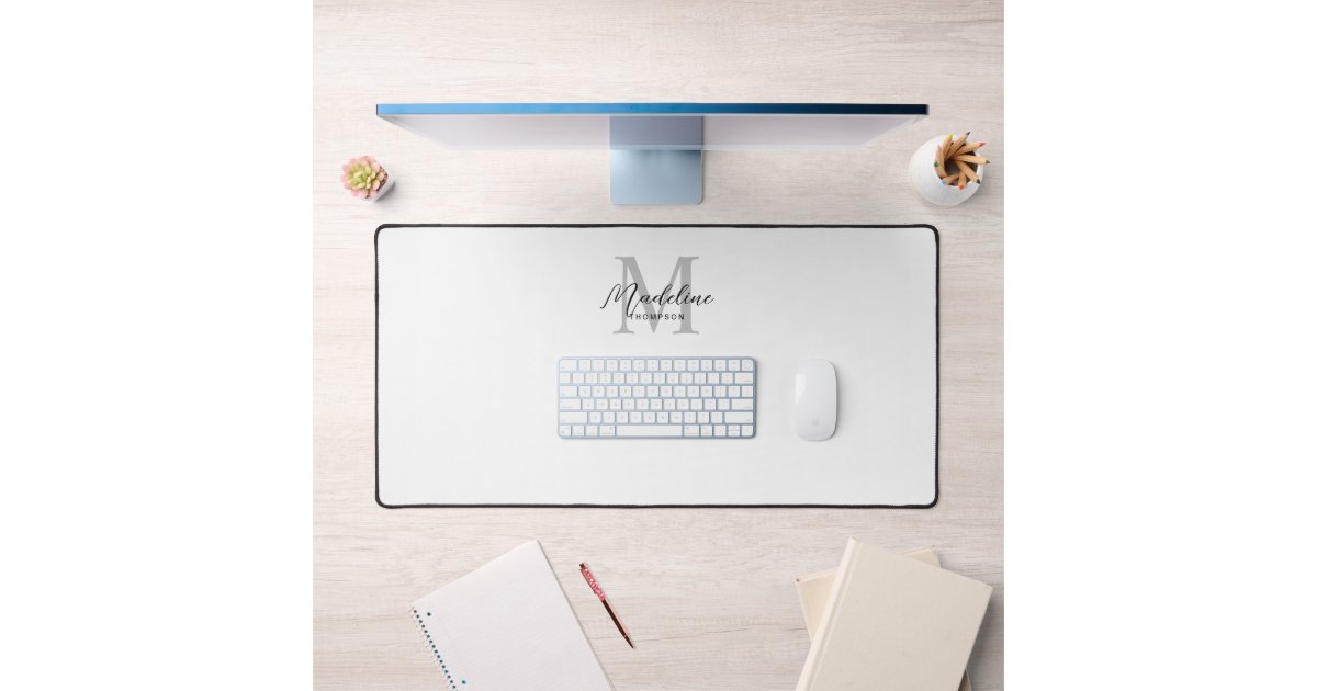 Modern Minimalist Black Script White Gray Monogram Desk Mat | Zazzle