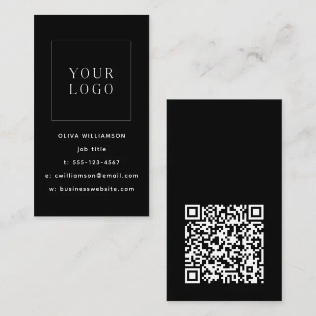 Modern Minimalist Black Vertical Logo QR Code Business Card | Zazzle