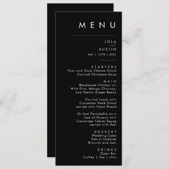 Modern Minimalist | Black Wedding Dinner Menu | Zazzle