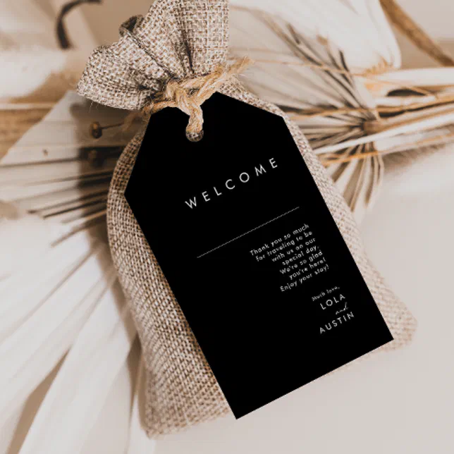 Modern Minimalist Black Wedding Welcome Gift Tags | Zazzle
