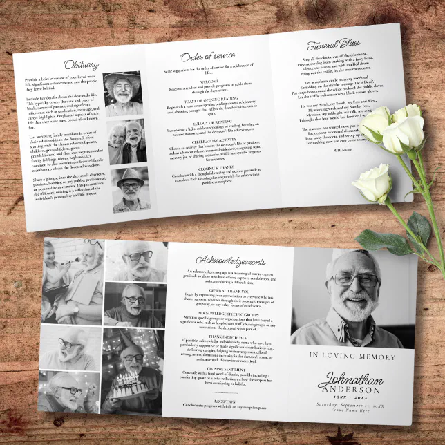Modern Minimalist Black & White 10-Photo Funeral Tri-Fold Program | Zazzle