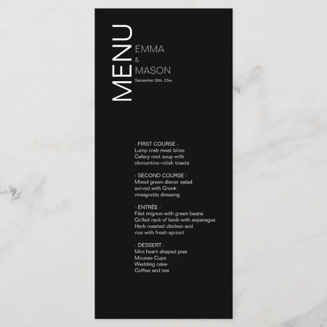 Modern Minimalist Black White and Gray Menu | Zazzle
