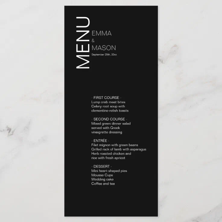 Modern Minimalist Black White and Gray Menu | Zazzle