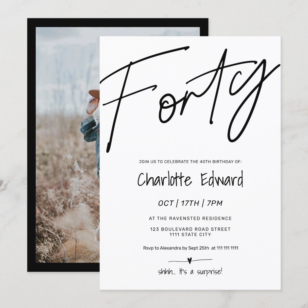 Modern minimalist black white photo surprise forty invitation | Zazzle