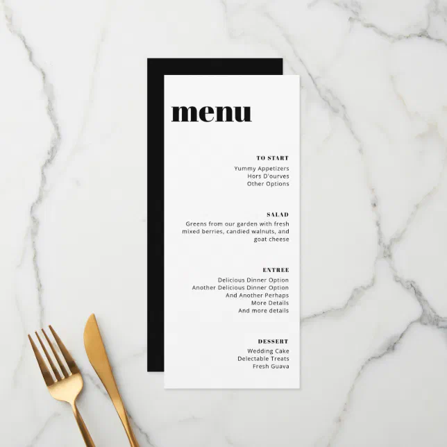 Modern Minimalist Black White Tall Template Menu | Zazzle