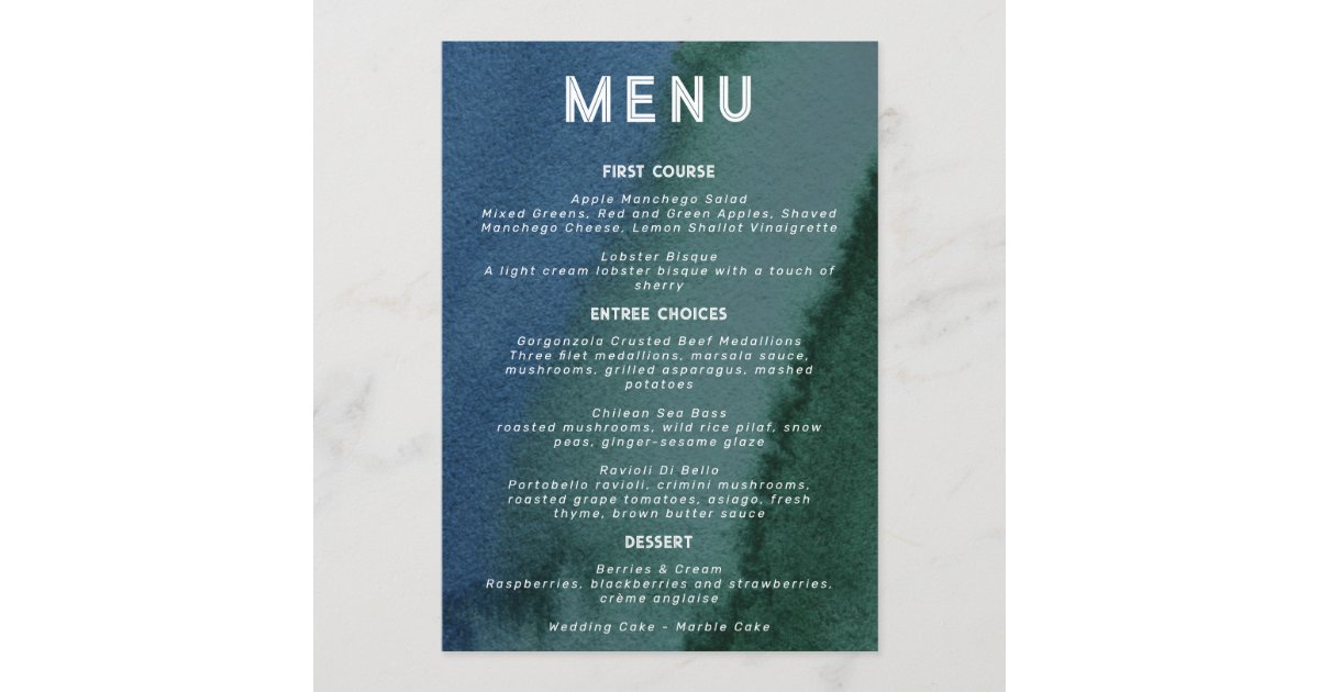 Modern Minimalist Blue Teal Menu | Zazzle