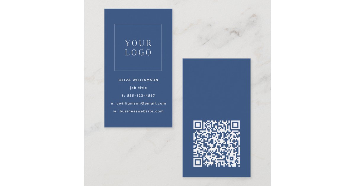 Modern Minimalist Blue Vertical Logo QR Code Business Card | Zazzle