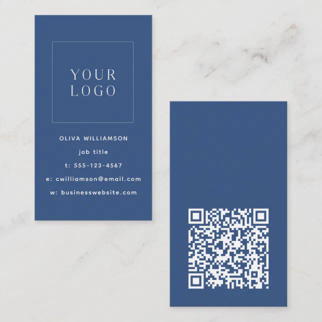 Modern Minimalist Blue Vertical Logo QR Code Business Card | Zazzle