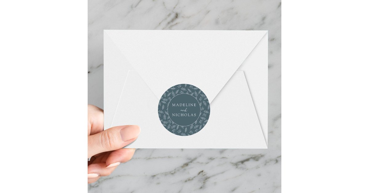 Modern Minimalist Botanical Slate Blue Wedding Classic Round Sticker ...