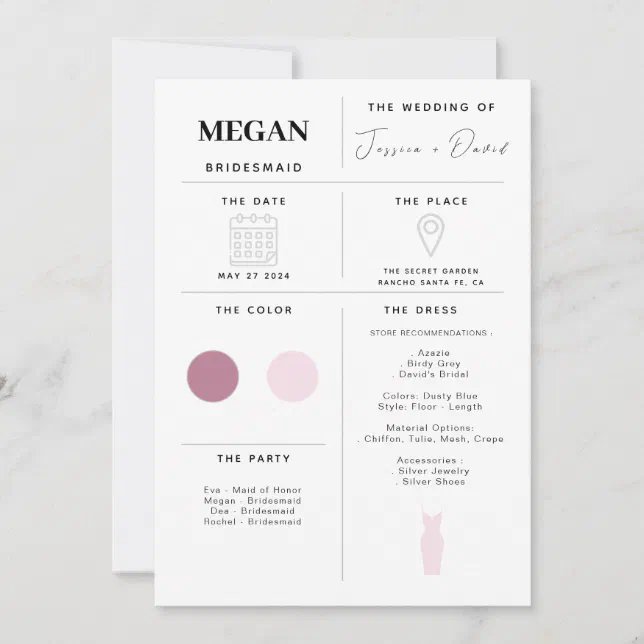 Modern Minimalist Bridesmaid Info Card | Zazzle