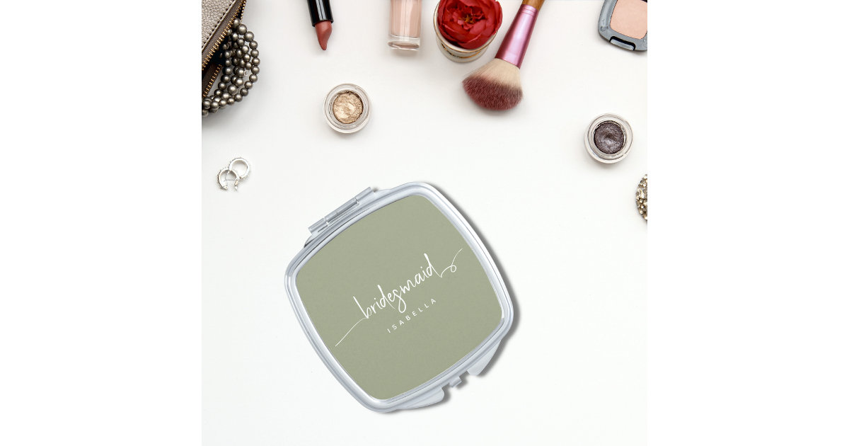 Modern Minimalist Bridesmaid Script Sage Green Compact Mirror | Zazzle