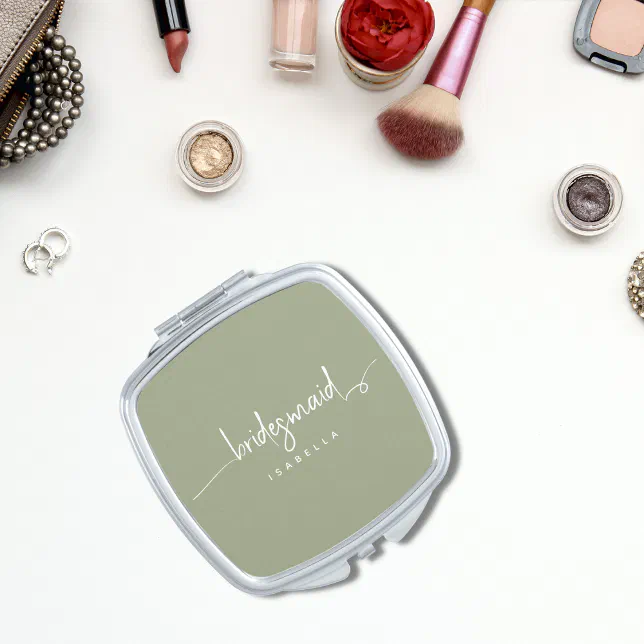 Modern Minimalist Bridesmaid Script Sage Green Compact Mirror | Zazzle