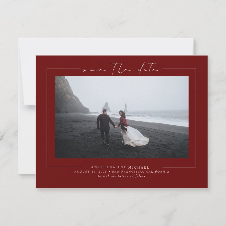 Modern Minimalist Burgundy Red Save the Date Photo | Zazzle