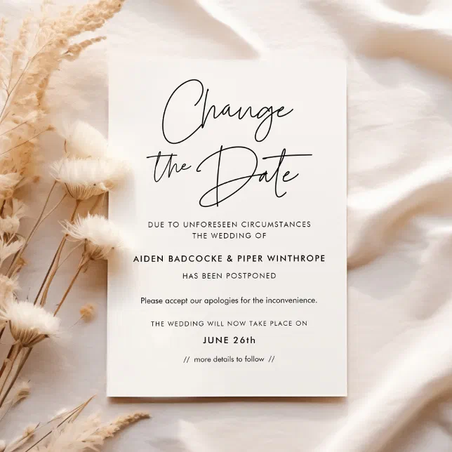 Modern minimalist Change the date wedding update Invitation | Zazzle