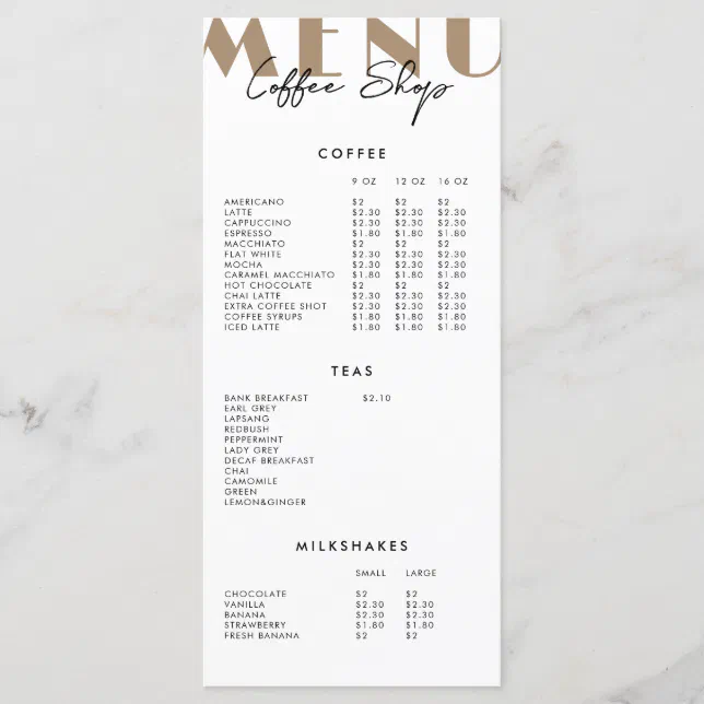 Modern Minimalist Coffee Shop Menu | Zazzle
