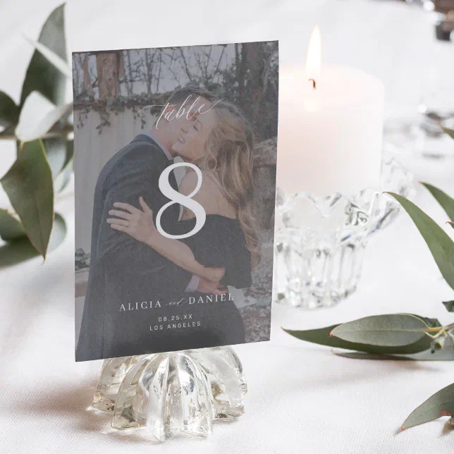 Modern minimalist custom photo overlay wedding table number | Zazzle