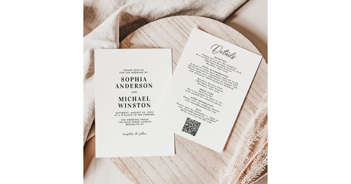 Modern Minimalist Details RSVP QR Code Wedding Invitation | Zazzle