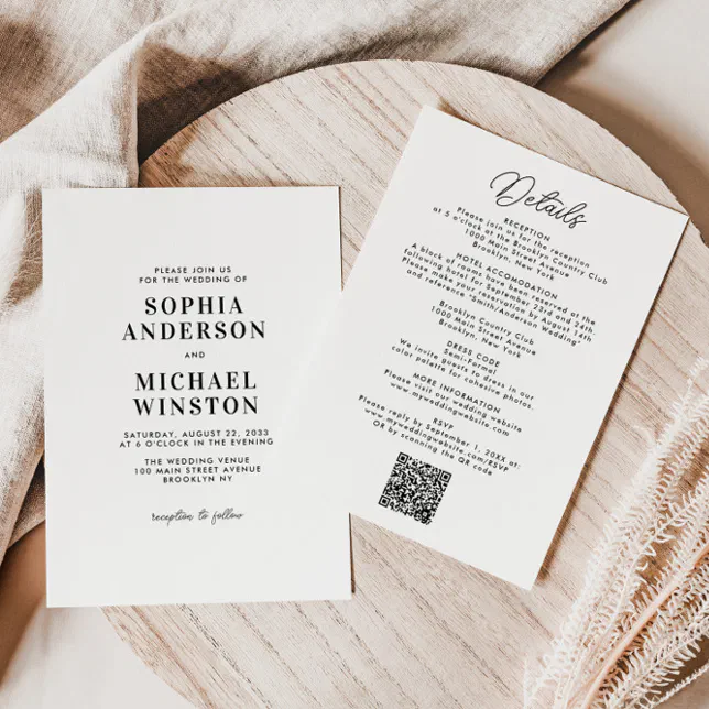 Modern Minimalist Details RSVP QR Code Wedding Invitation | Zazzle