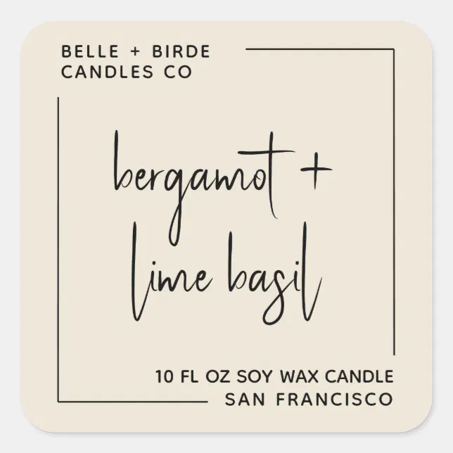 Modern Minimalist Ecru Script Candle Packaging Square Sticker | Zazzle