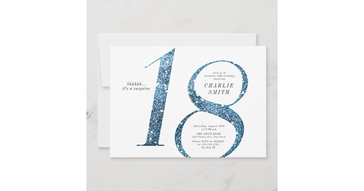 Modern minimalist faux blue glitter 18th birthday invitation | Zazzle
