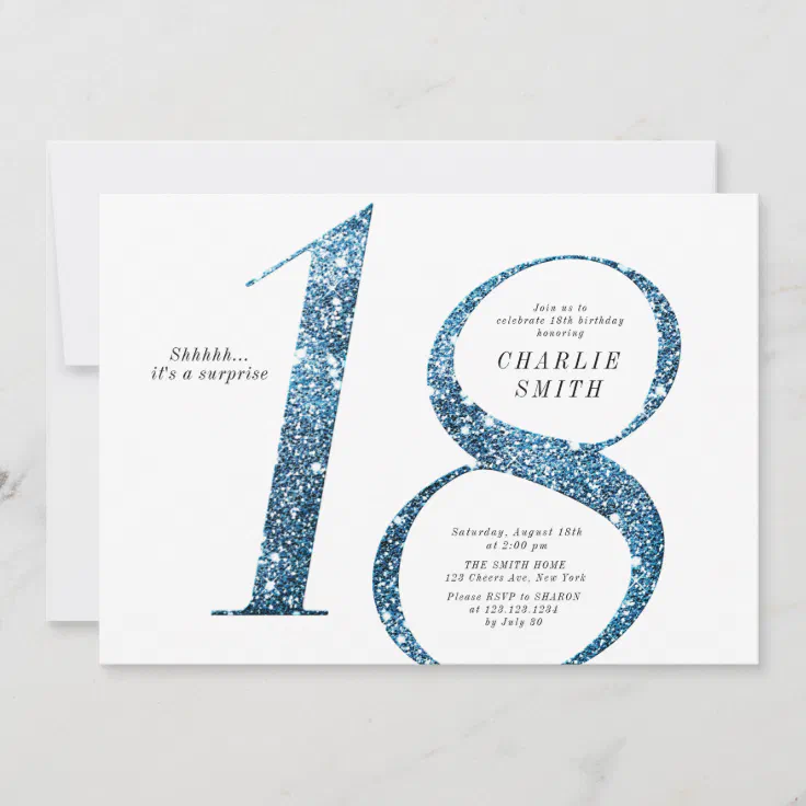 Modern minimalist faux blue glitter 18th birthday invitation | Zazzle