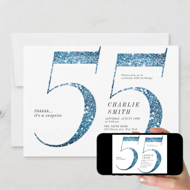 Modern minimalist faux blue glitter 55th birthday invitation | Zazzle