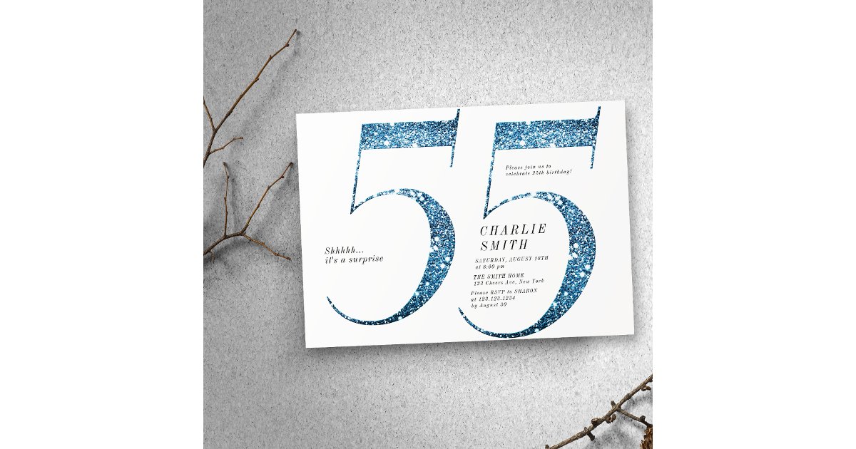 Modern minimalist faux blue glitter 55th birthday invitation | Zazzle