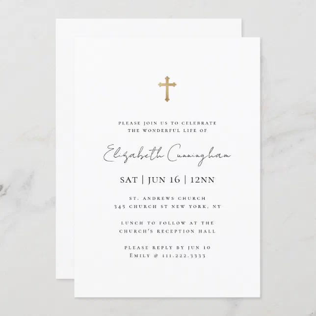 Modern Minimalist Faux Gold Cross Memorial Funeral Invitation | Zazzle