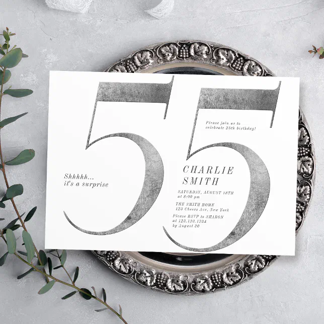 Modern minimalist faux silver 55th birthday invitation | Zazzle