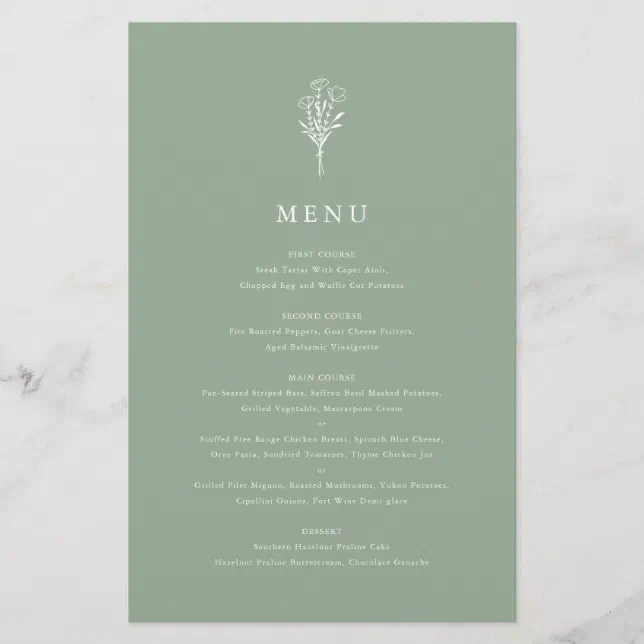 Modern Minimalist Floral Sage Green Menu Card | Zazzle