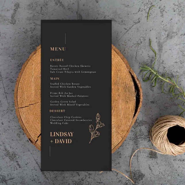Modern Minimalist Foliage Black Menu Card | Zazzle