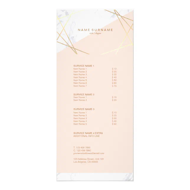 Modern Minimalist Geometric Marble Gold Light Pink Rack Card | Zazzle
