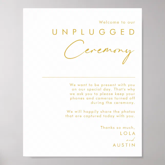 Modern Minimalist Gold Font Unplugged Ceremony Poster | Zazzle