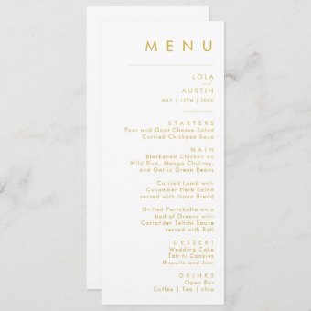 Modern Minimalist Gold Font Wedding Dinner Menu | Zazzle