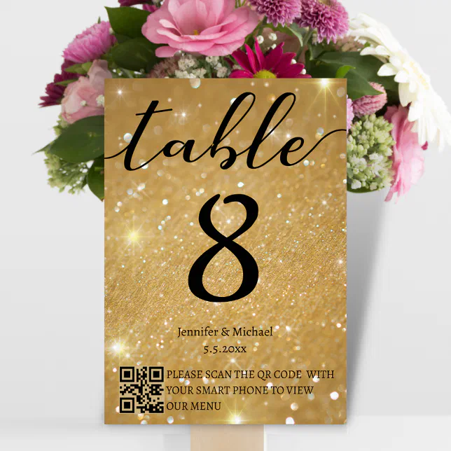 modern minimalist gold wedding qr code menu and table number | Zazzle