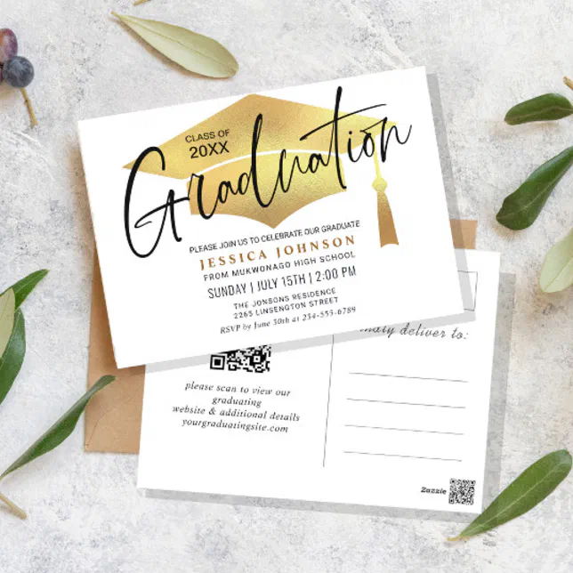 Modern Minimalist Graduation Party QR code Announcement Postcard | Zazzle