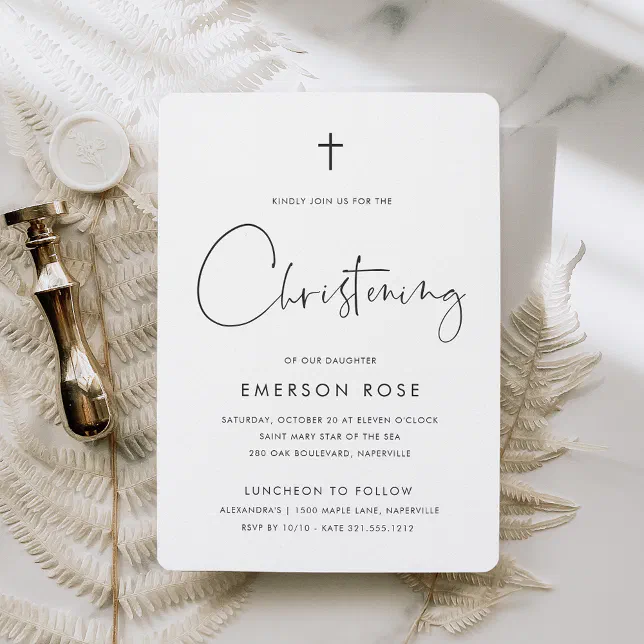 Modern Minimalist Handwritten Script Christening Invitation | Zazzle